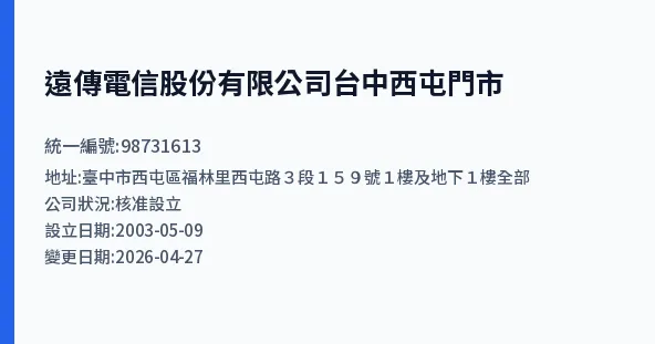 遠傳電信股份有限公司台中西屯門市的照片-統編 98731613(臺中市) 公司登記資料與營業項目詳細圖表