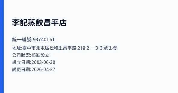 李記蒸餃昌平店的照片-統編 98740161(臺中市) 公司登記資料與營業項目詳細圖表