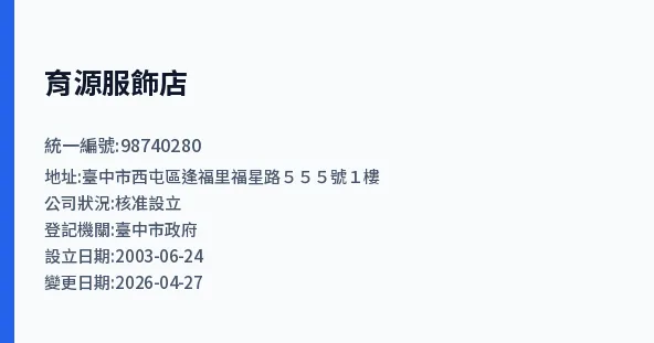 育源服飾店的照片-統編 98740280(臺中市) 公司登記資料與營業項目詳細圖表