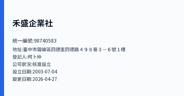 禾盛企業社的照片-統編 98740583(臺中市) 公司登記資料與營業項目詳細圖表