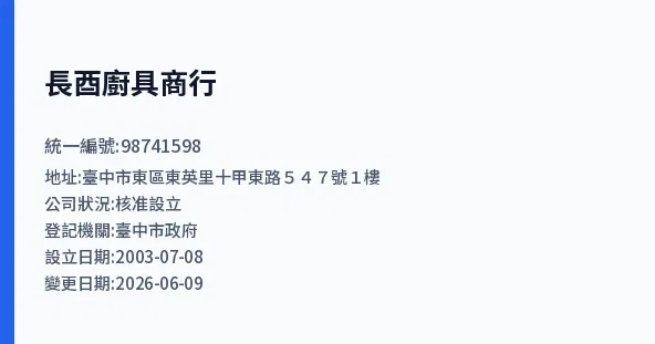 長酉廚具商行的照片-統編 98741598(臺中市) 公司登記資料與營業項目詳細圖表