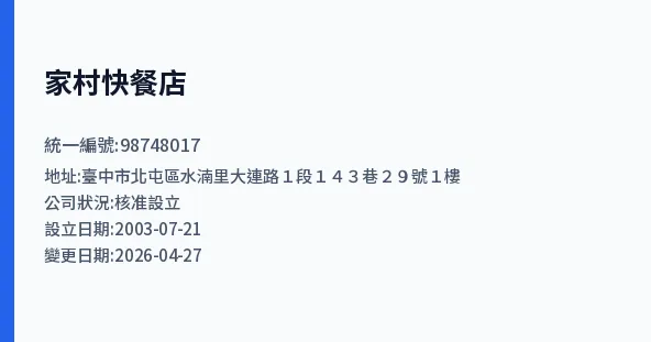 家村快餐店的照片-統編 98748017(臺中市) 公司登記資料與營業項目詳細圖表
