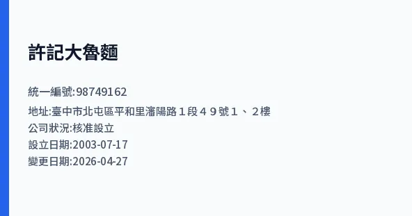 許記大魯麵的照片-統編 98749162(臺中市) 公司登記資料與營業項目詳細圖表
