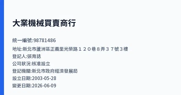 大業機械買賣商行的照片-統編 98781486(新北市) 公司登記資料與營業項目詳細圖表