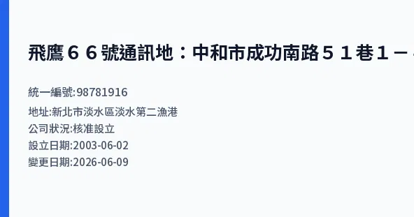 飛鷹66號通訊地:中和市成功南路51巷1-4號的照片-統編 98781916(新北市) 公司登記資料與營業項目詳細圖表