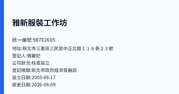 雅新服裝工作坊的照片-統編 98782605(新北市) 公司登記資料與營業項目詳細圖表