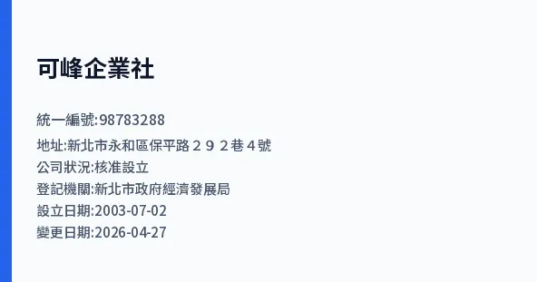 可峰企業社的照片-統編 98783288(新北市) 公司登記資料與營業項目詳細圖表