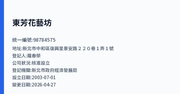 東芳花藝坊的照片-統編 98784575(新北市) 公司登記資料與營業項目詳細圖表