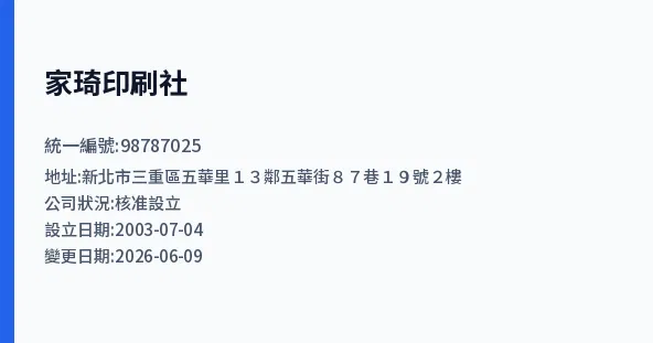 家琦印刷社的照片-統編 98787025(新北市) 公司登記資料與營業項目詳細圖表