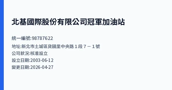 北基國際股份有限公司冠軍加油站的照片-統編 98787622(新北市) 公司登記資料與營業項目詳細圖表