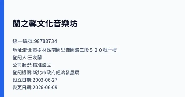 蘭之馨文化音樂坊的照片-統編 98788734(新北市) 公司登記資料與營業項目詳細圖表