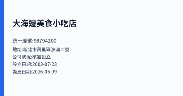 大海邊美食小吃店的照片-統編 98794200(新北市) 公司登記資料與營業項目詳細圖表