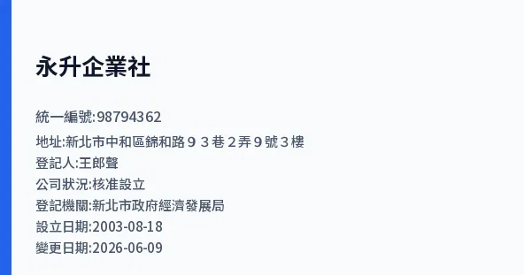永升企業社的照片-統編 98794362(新北市) 公司登記資料與營業項目詳細圖表