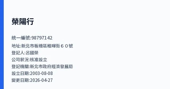 榮陽行的照片-統編 98797142(新北市) 公司登記資料與營業項目詳細圖表