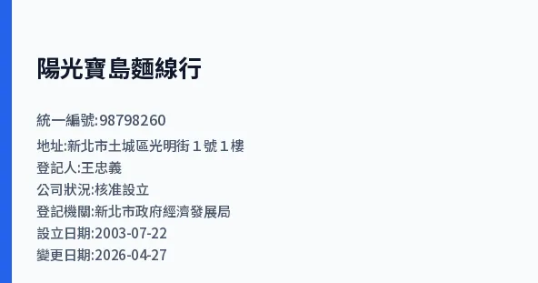陽光寶島麵線行的照片-統編 98798260(新北市) 公司登記資料與營業項目詳細圖表