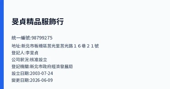 旻貞精品服飾行的照片-統編 98799275(新北市) 公司登記資料與營業項目詳細圖表