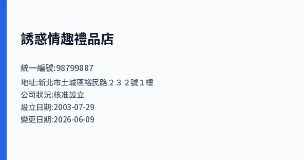 誘惑情趣禮品店的照片-統編 98799887(新北市) 公司登記資料與營業項目詳細圖表
