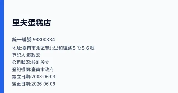 里夫蛋糕店的照片-統編 98800884(臺南市) 公司登記資料與營業項目詳細圖表