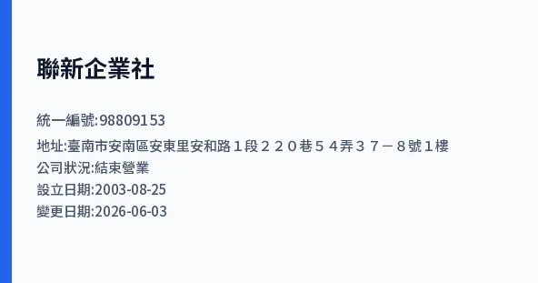 聯新企業社的照片-統編 98809153(臺南市) 公司登記資料與營業項目詳細圖表