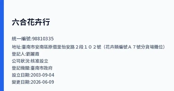 六合花卉行的照片-統編 98810335(臺南市) 公司登記資料與營業項目詳細圖表