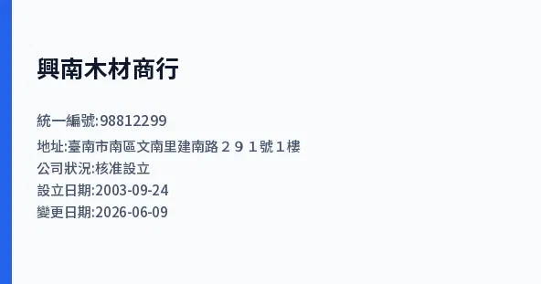 興南木材商行的照片-統編 98812299(臺南市) 公司登記資料與營業項目詳細圖表