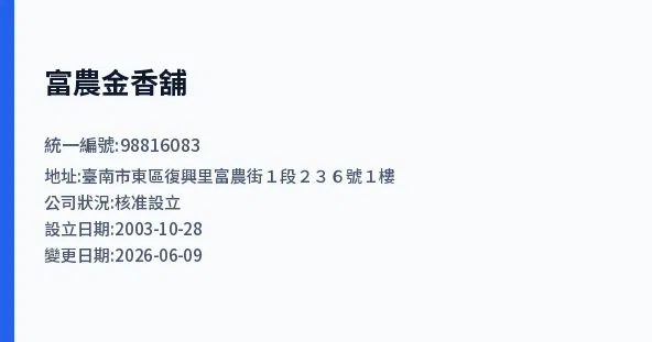 富農金香舖的照片-統編 98816083(臺南市) 公司登記資料與營業項目詳細圖表