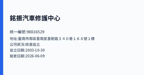 銘振汽車修護中心的照片-統編 98816529(臺南市) 公司登記資料與營業項目詳細圖表