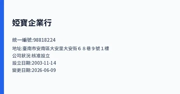 婭寶企業行的照片-統編 98818224(臺南市) 公司登記資料與營業項目詳細圖表