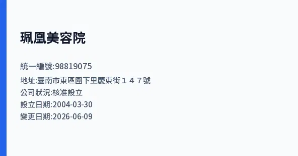 珮凰美容院的照片-統編 98819075(臺南市) 公司登記資料與營業項目詳細圖表