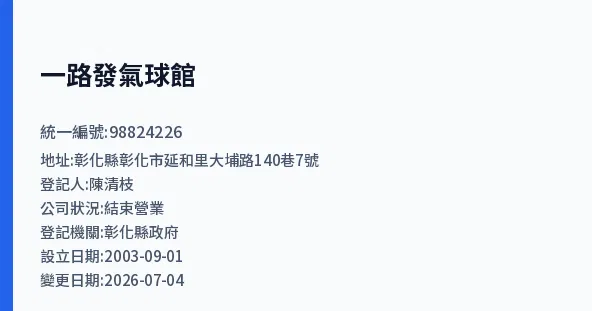 一路發氣球館的照片-統編 98824226(彰化縣) 公司登記資料與營業項目詳細圖表
