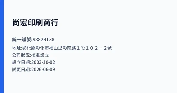 尚宏印刷商行的照片-統編 98829138(彰化縣) 公司登記資料與營業項目詳細圖表