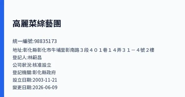 高麗菜綜藝團的照片-統編 98835173(彰化縣) 公司登記資料與營業項目詳細圖表