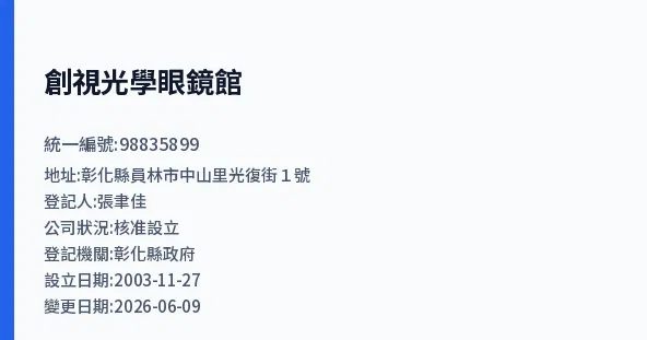 創視光學眼鏡館的照片-統編 98835899(彰化縣) 公司登記資料與營業項目詳細圖表