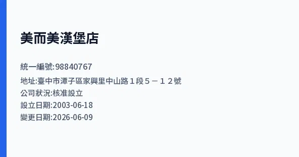 美而美漢堡店的照片-統編 98840767(臺中市) 公司登記資料與營業項目詳細圖表