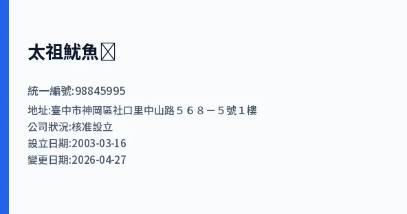 太祖魷魚焿的照片-統編 98845995(臺中市) 公司登記資料與營業項目詳細圖表