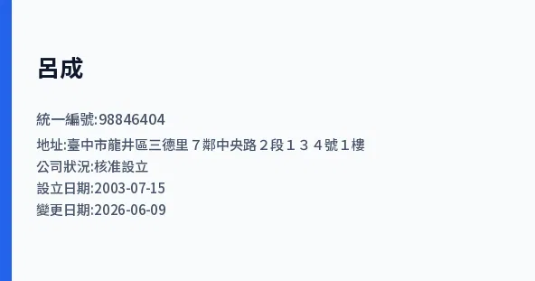 呂成的照片-統編 98846404(臺中市) 公司登記資料與營業項目詳細圖表