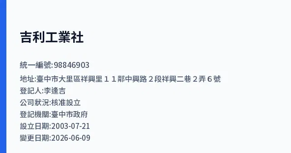 吉利工業社的照片-統編 98846903(臺中市) 公司登記資料與營業項目詳細圖表