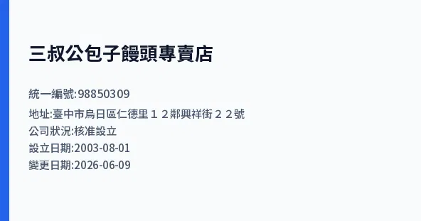 三叔公包子饅頭專賣店的照片-統編 98850309(臺中市) 公司登記資料與營業項目詳細圖表
