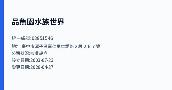 品魚園水族世界的照片-統編 98851546(臺中市) 公司登記資料與營業項目詳細圖表