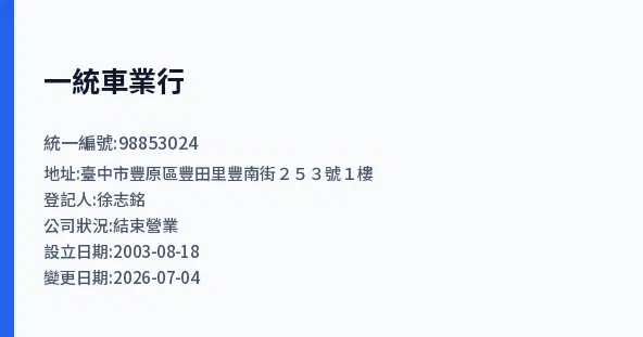 一統車業行的照片-統編 98853024(臺中市) 公司登記資料與營業項目詳細圖表