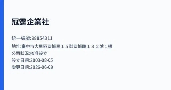 冠霆企業社的照片-統編 98854311(臺中市) 公司登記資料與營業項目詳細圖表