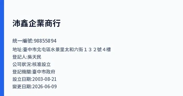 沛鑫企業商行的照片-統編 98855894(臺中市) 公司登記資料與營業項目詳細圖表