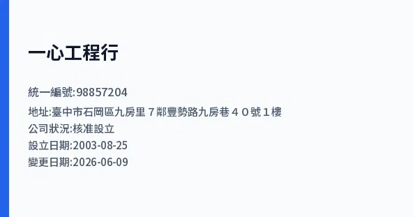 一心工程行的照片-統編 98857204(臺中市) 公司登記資料與營業項目詳細圖表