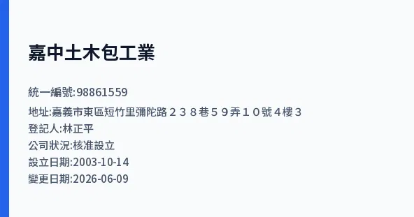 嘉中土木包工業的照片-統編 98861559(嘉義市) 公司登記資料與營業項目詳細圖表