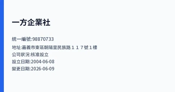 一方企業社的照片-統編 98870733(嘉義市) 公司登記資料與營業項目詳細圖表