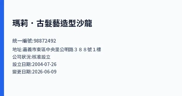 瑪莉.古髮藝造型沙龍的照片-統編 98872492(嘉義市) 公司登記資料與營業項目詳細圖表