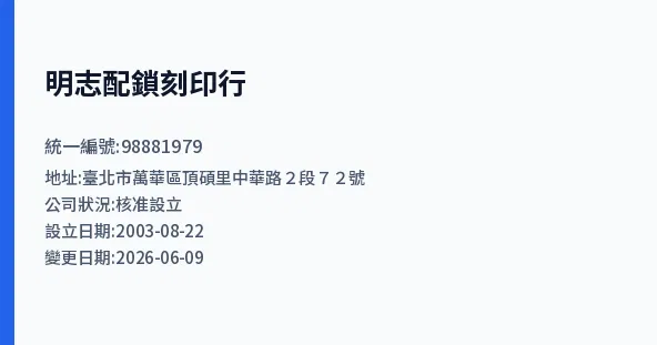 明志配鎖刻印行的照片-統編 98881979(臺北市) 公司登記資料與營業項目詳細圖表