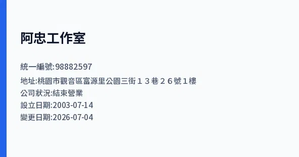 阿忠工作室的照片-統編 98882597(桃園市) 公司登記資料與營業項目詳細圖表