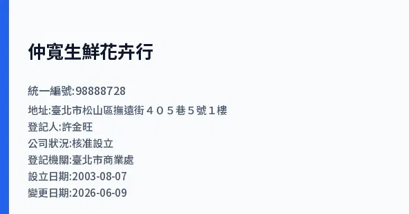 仲寬生鮮花卉行的照片-統編 98888728(臺北市) 公司登記資料與營業項目詳細圖表