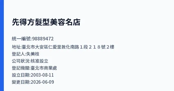 先得方髮型美容名店的照片-統編 98889472(臺北市) 公司登記資料與營業項目詳細圖表
